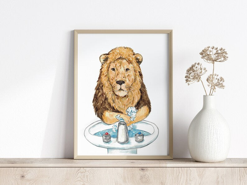 Lion washing hands bath watercolor painting print – Goodfairyart ...
