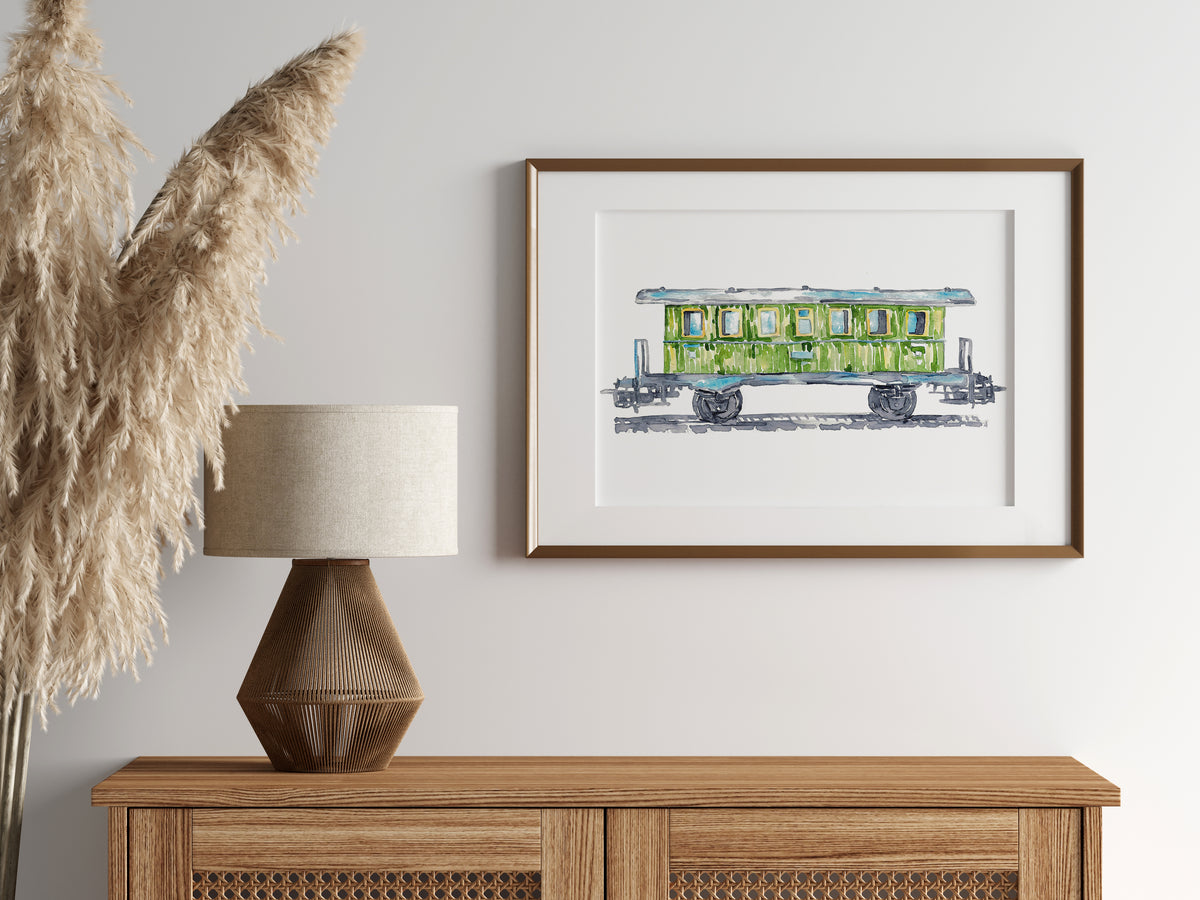 Green vagon train locomotive print watercolor – Goodfairyart ...