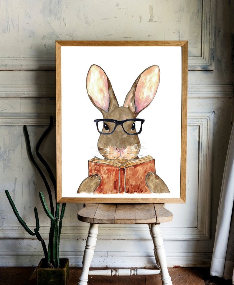 Rabbit reading book watercolor painting print art – Goodfairyart ...